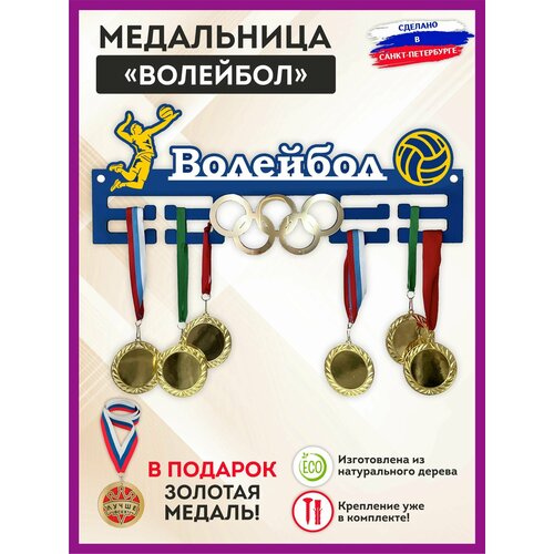 Медальница "Волейбол" с золотыми олимпийскими кольцами, дерево, металл, надежная, держатель на 50 медалей, SPORT PODAROK