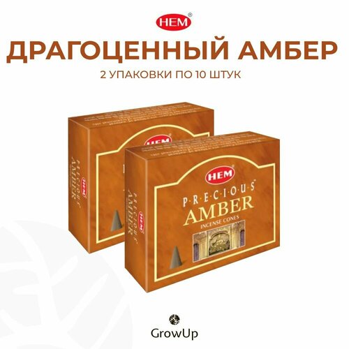 HEM Драгоценный Амбер - 2 упаковки по 10 шт, благовония для медитаций, духовных практик и йоги, Prosious Amber - ХЕМ - конусовидные, ароматические конусы с подставкой