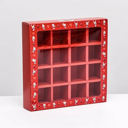 Коробка под 16 конфет, красная "Зайки" 17,7 х 17,7 х 3,8 см (комплект из 20 шт)