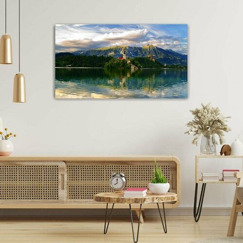 Картина на холсте 60x110 LinxOne "Озеро лес горы природа замок" интерьерная для дома / на стену / на кухню / с подрамником
