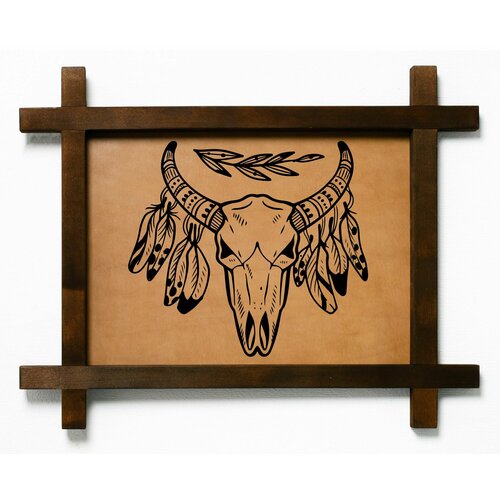 Картина Череп быка с перьями, гравировка на натуральной коже, интерьерная для украшения и декора на стену в деревянной раме, подарок, BoomGift