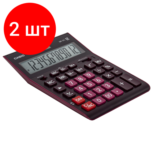 Комплект 2 шт, Калькулятор настольный CASIO GR-12С-WR (210х155 мм), 12 разрядов, двойное питание, бордовый, GR-12C-WR-W-EP