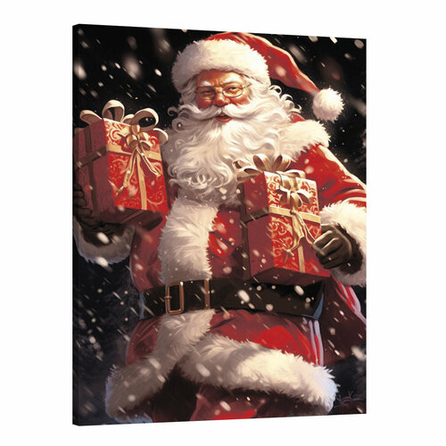 Интерьерная картина 50х70 "Новогодний Дед Мороз и его магический мешок"