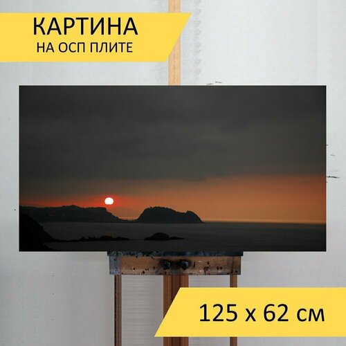 Картина на ОСП 125х62 см. "Заход солнца, пляж, франция" горизонтальная, для интерьера, с креплениями