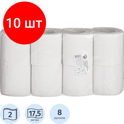 Комплект 10 упаковок, Бумага туалетная JOY ECO 2сл вторич. втул 17.5м 140л 8рул/уп