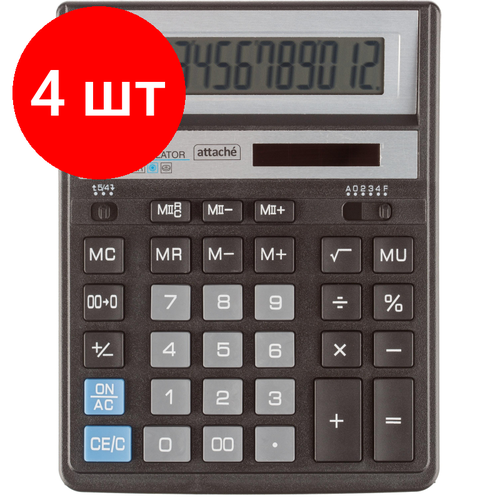 Комплект 4 штук, Калькулятор настольный полноразмерный AttacheAF-888.12р, дв. пит204x158мм, ч/с