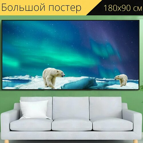 Большой постер "Полярный медведь, стекло, нести" 180 x 90 см. для интерьера