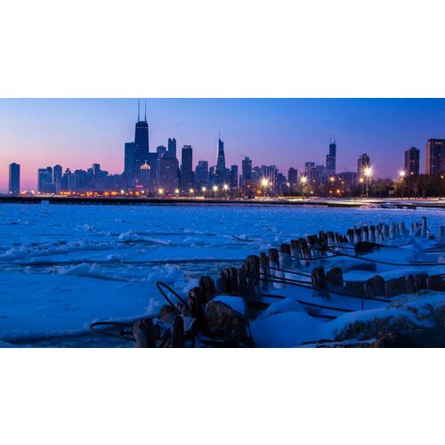 Картина на холсте 110x60 LinxOne "Зима ночь chicago город" интерьерная для дома / на стену / на кухню / с подрамником