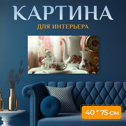 Картина на холсте "Чай, сервиз, дом" на подрамнике 75х40 см. для интерьера