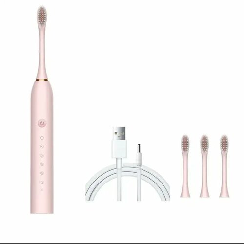 Ультразвуковая электрическая зубная щетка с 4 насадками и 6 уникальными режимами для взрослых и детей, цвет розовый