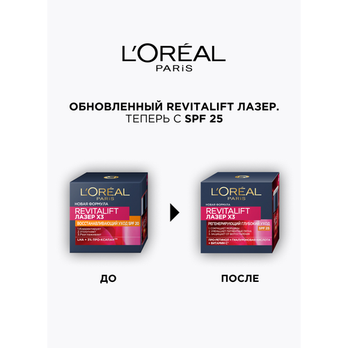 L'Oreal Paris, Дневной антивозрастной крем для лица Ревиталифт Лазер х3 против морщин, регенерирующий глубокий уход, SPF 25, 50 мл