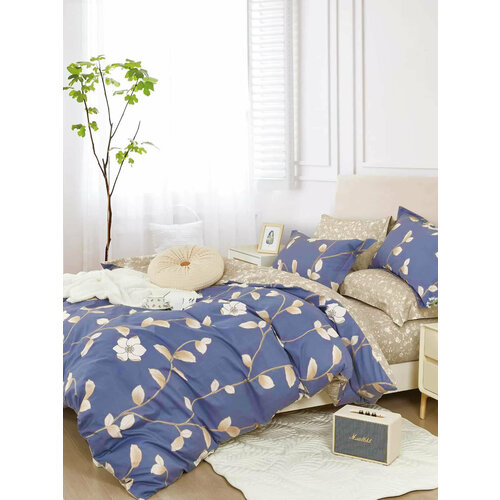 Поплиновое постельное белье PL-096 Elin (синий-бежевый), 2,0 спальный (наволочки 70x70)