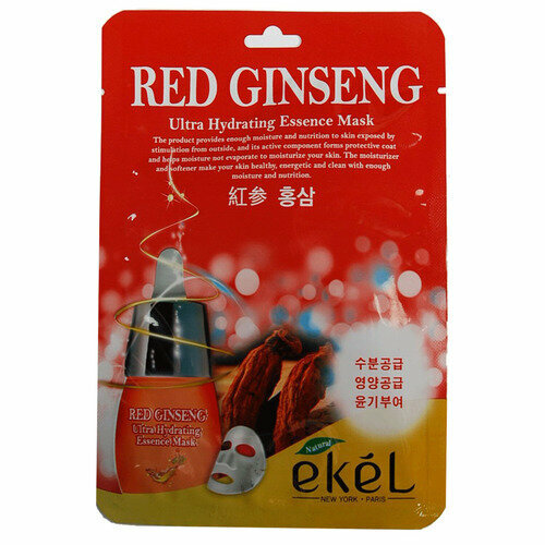 Ekel Маска для лица тканевая с красным женьшенем - Essence mask red ginseng, 25г, 3 штуки