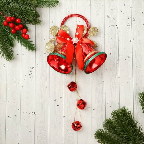 Зимнее волшебство Украшение новогоднее "Уютная сказка" кольцо колокольчики шарики, 13х32 см, красно-золотой