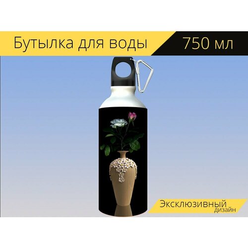 Бутылка фляга для воды "Ваза, розы, цветы" 750 мл. с карабином и принтом