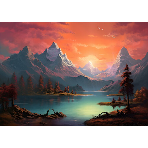 Постер - "Пейзаж с горами и озером при рассвете"на плотной бумаге / А1 / в тубусе без рамы