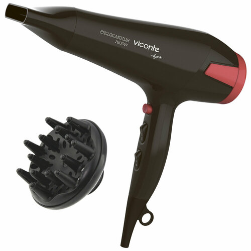 Фен для волос Viconte 2600 Вт для сушки и укладки с насадками (диффузор и концентратор) черный с красным