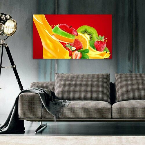 Картина на холсте 60x110 LinxOne "Ягоды апельсин яблоко клубника" интерьерная для дома / на стену / на кухню / с подрамником