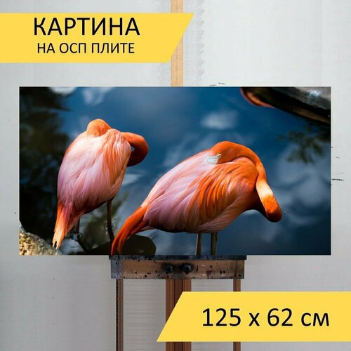 Картина на ОСП 125х62 см. "Фламинго, птица, розовый" горизонтальная, для интерьера, с креплениями