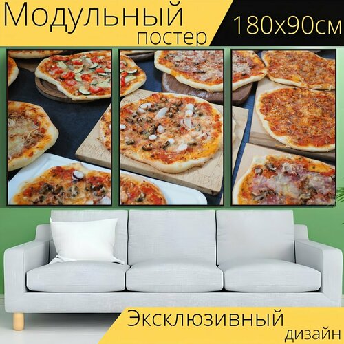 Модульный постер "Пицца, печь, питание" 180 x 90 см. для интерьера