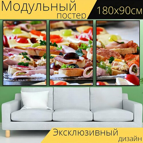 Модульный постер "Холодный буфет, колбаса, сыр" 180 x 90 см. для интерьера