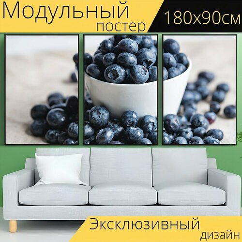 Модульный постер "Черника, ягода, фрукты" 180 x 90 см. для интерьера