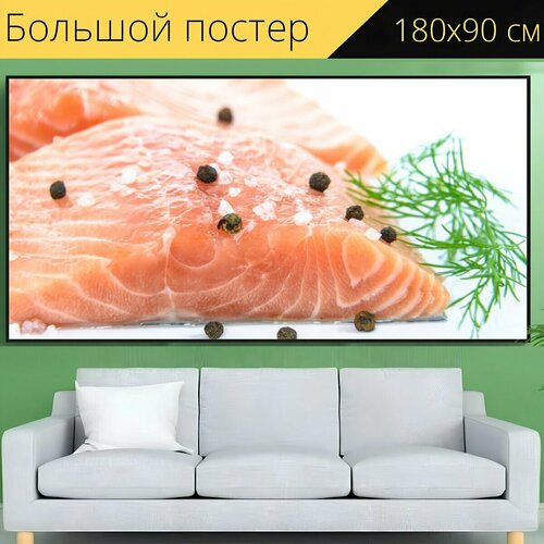 Большой постер "Рыбы, мясо, еда" 180 x 90 см. для интерьера