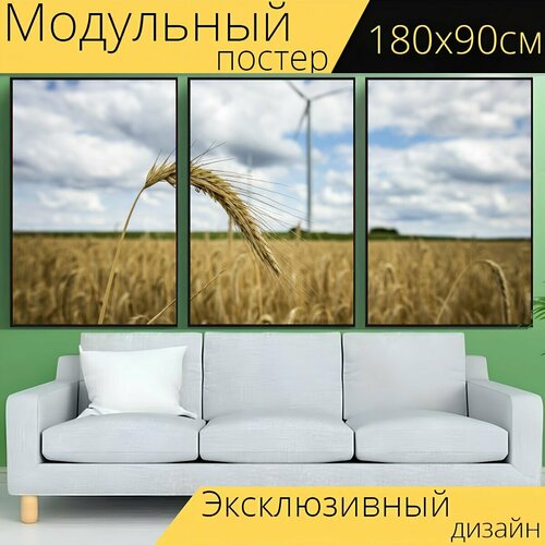 Модульный постер "Кукурузное поле, ухо, зерно" 180 x 90 см. для интерьера