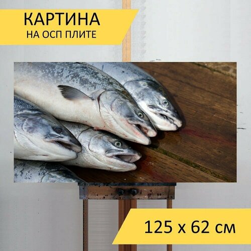 Картина на ОСП 125х62 см. "Лосось, рыбы, еда" горизонтальная, для интерьера, с креплениями