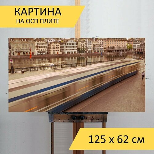 Картина на ОСП 125х62 см. "Трамвай, свет, исторический центр" горизонтальная, для интерьера, с креплениями