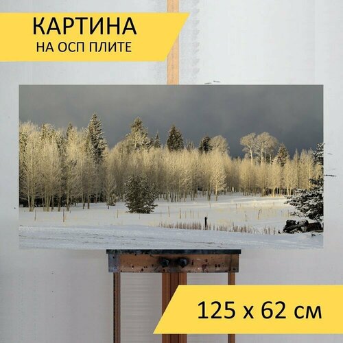 Картина на ОСП 125х62 см. "Деревья, поле, снег" горизонтальная, для интерьера, с креплениями