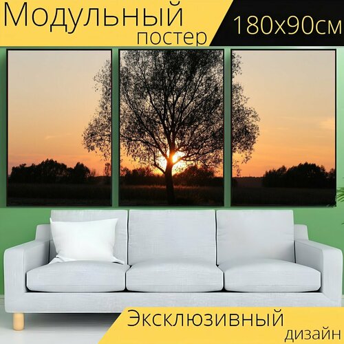 Модульный постер "Дерево, заход солнца, пейзаж" 180 x 90 см. для интерьера