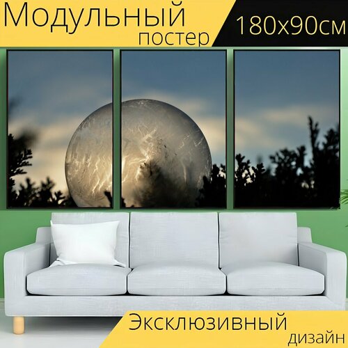 Модульный постер "Замороженный мыльный пузырь, мыльный пузырь, кристаллы льда" 180 x 90 см. для интерьера