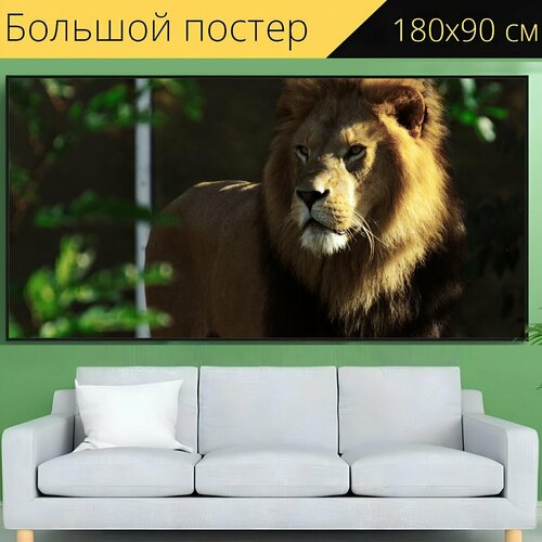 Большой постер "Лев, хищник, опасный" 180 x 90 см. для интерьера