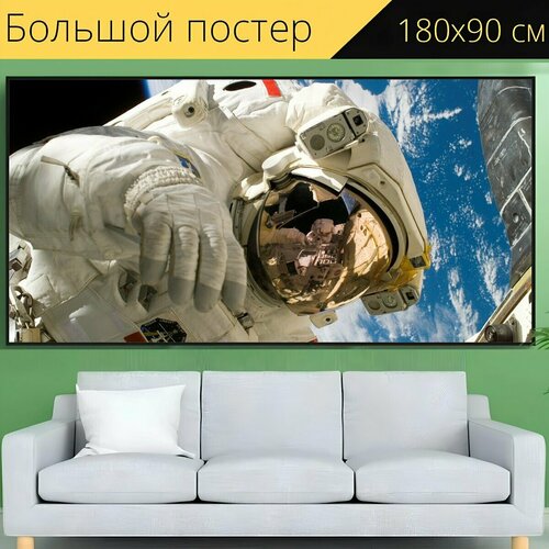 Большой постер "Космонавт, скафандр, пространство" 180 x 90 см. для интерьера