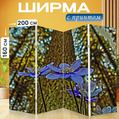 Ширма перегородка с принтом "Цветы, синие цветы, лес" на холсте - 200x160 см. для зонирования, раскладная