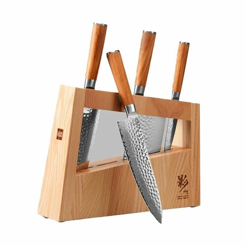 Набор стальных ножей из дамасской стали (4 ножа + подставка) HuoHou Damascus KnifeSet(HU0257) RUSSIAN Brown