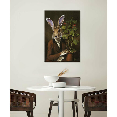 Картина на холсте - Ушастый пушистый заяц портрет рисунок в костюме с цветком арт (8) 30х40