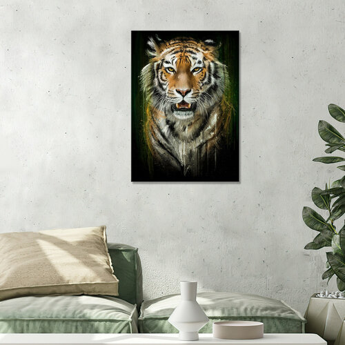 Интерьерная картина на холсте - Тигр зелёный фон акварель арт 40х60