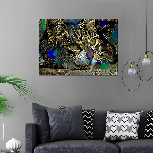 Картина интерьерная-Кошка лежит синяя мозаика 20х30