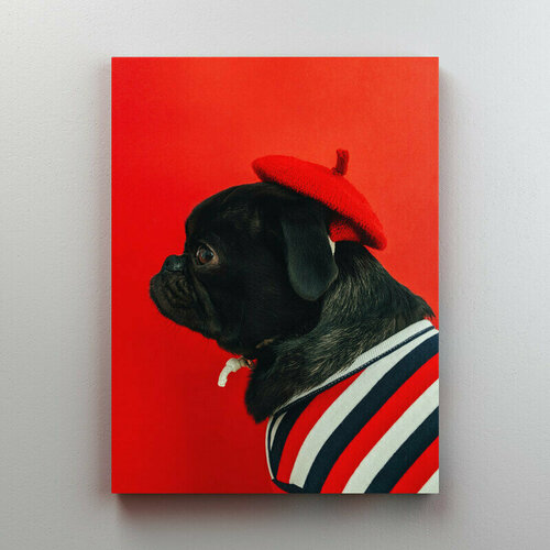 Интерьерная картина на холсте "Мопс в красном берете" размер 22x30 см