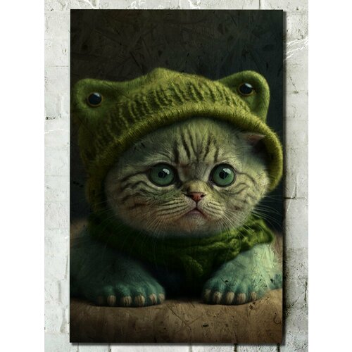 Картина интерьерная на рельефной доске ОСП милота кот в шапке лягушки - 7014