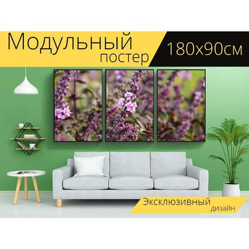 Модульный постер "Мята, цветение мяты, летом" 180 x 90 см. для интерьера