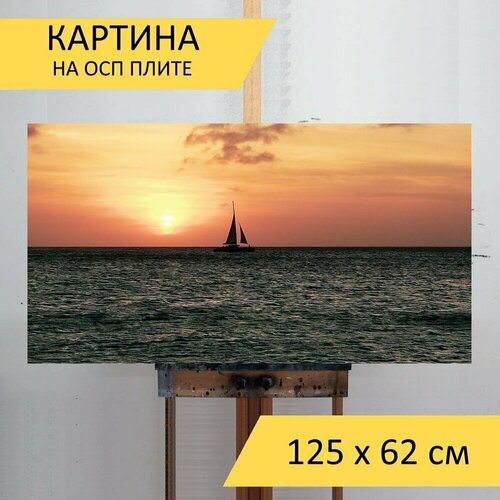 Картина на ОСП 125х62 см. "Заход солнца, океан, аруба" горизонтальная, для интерьера, с креплениями