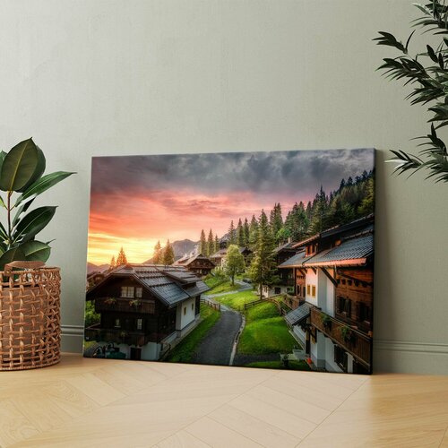 Картина на холсте (Швейцарская деревня, австрия дома, красивая горы, швейцарские пейзажи) 20x30 см. Интерьерная, на стену.