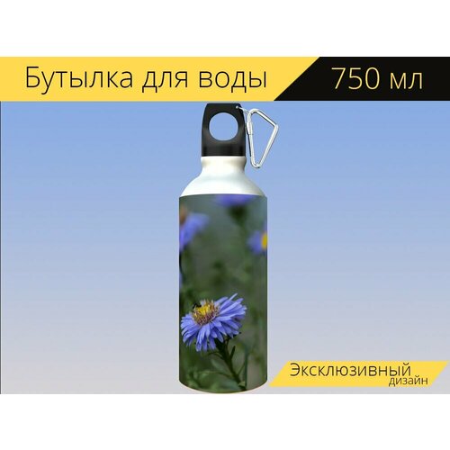 Бутылка фляга для воды "Астры, цветы, завод" 750 мл. с карабином и принтом
