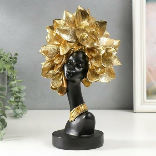 Сувенир полистоун бюст "Африканка с цветком на голове" черный с золотом 29х11х17 см
