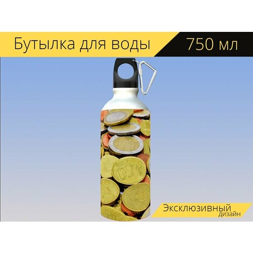 Бутылка фляга для воды "Монеты, деньги, валюта" 750 мл. с карабином и принтом