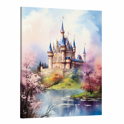 Интерьерная картина 50х70 "Пейзаж с замком и озером"