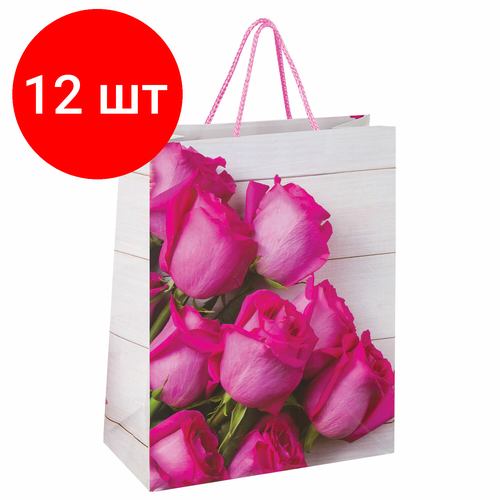 Комплект 12 шт, Пакет подарочный 26x12.7x32.4 см, золотая сказка "Розовые розы", ламинированный, 606582
